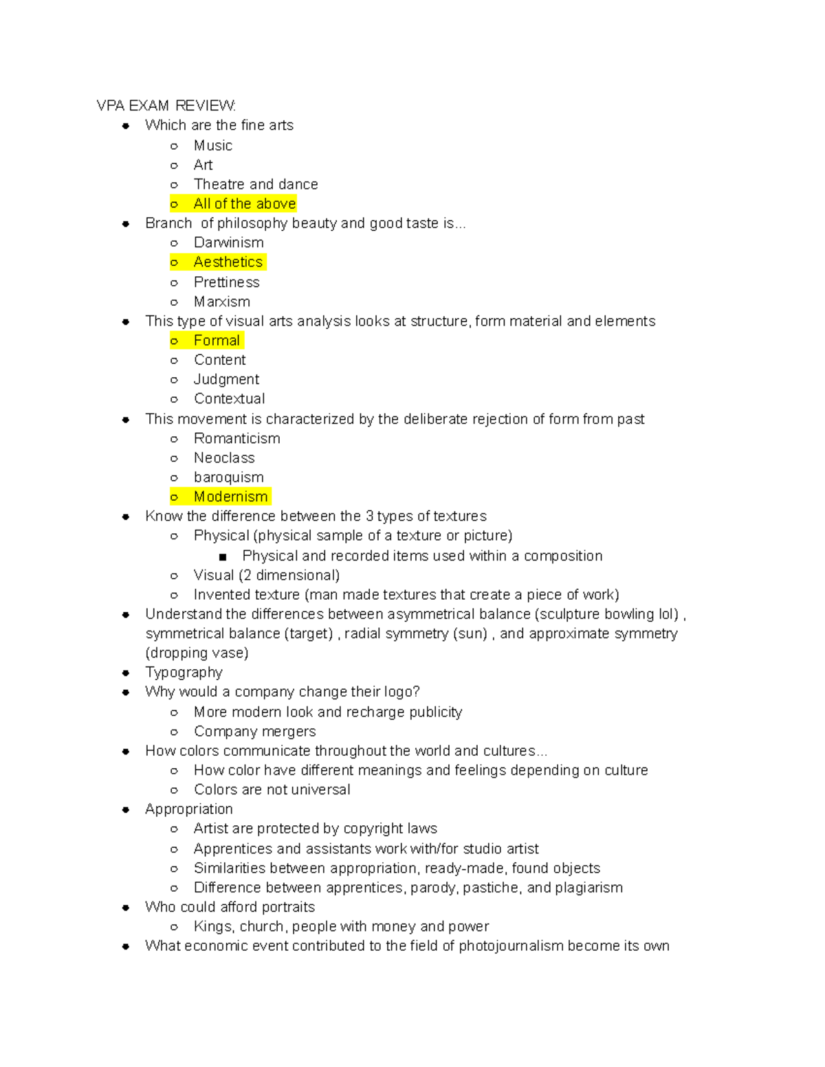 Vpa exam review - VPA - VPA EXAM REVIEW: Which are the fine arts Music ...