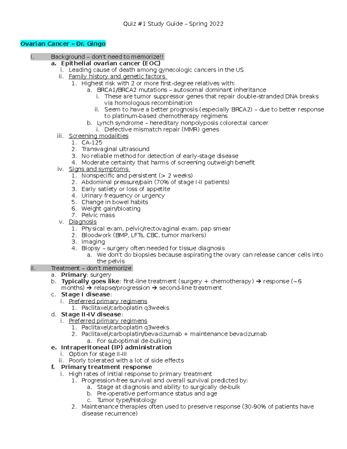 Quiz #1 study guide - covers ovarian cancer, melanoma, lung cancer, colorectal cancer, - Studocu