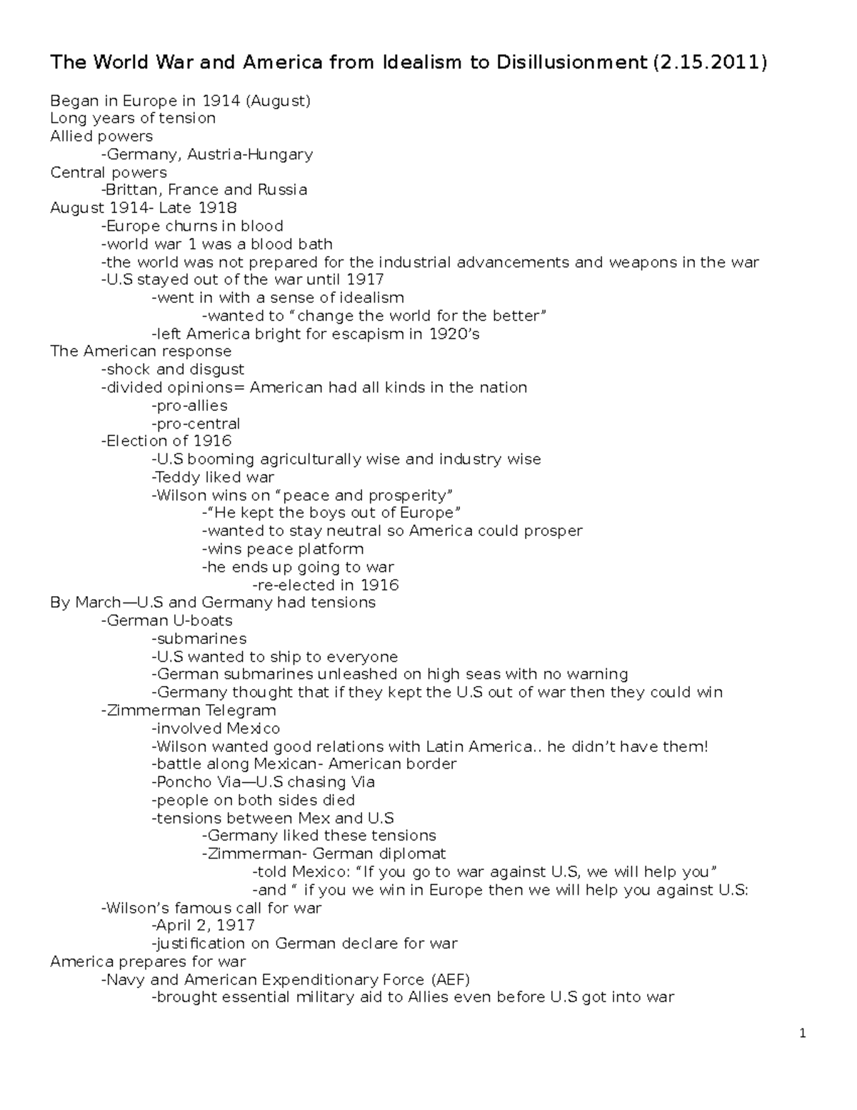 Exam 2 Notes - The World War and America from Idealism to ...