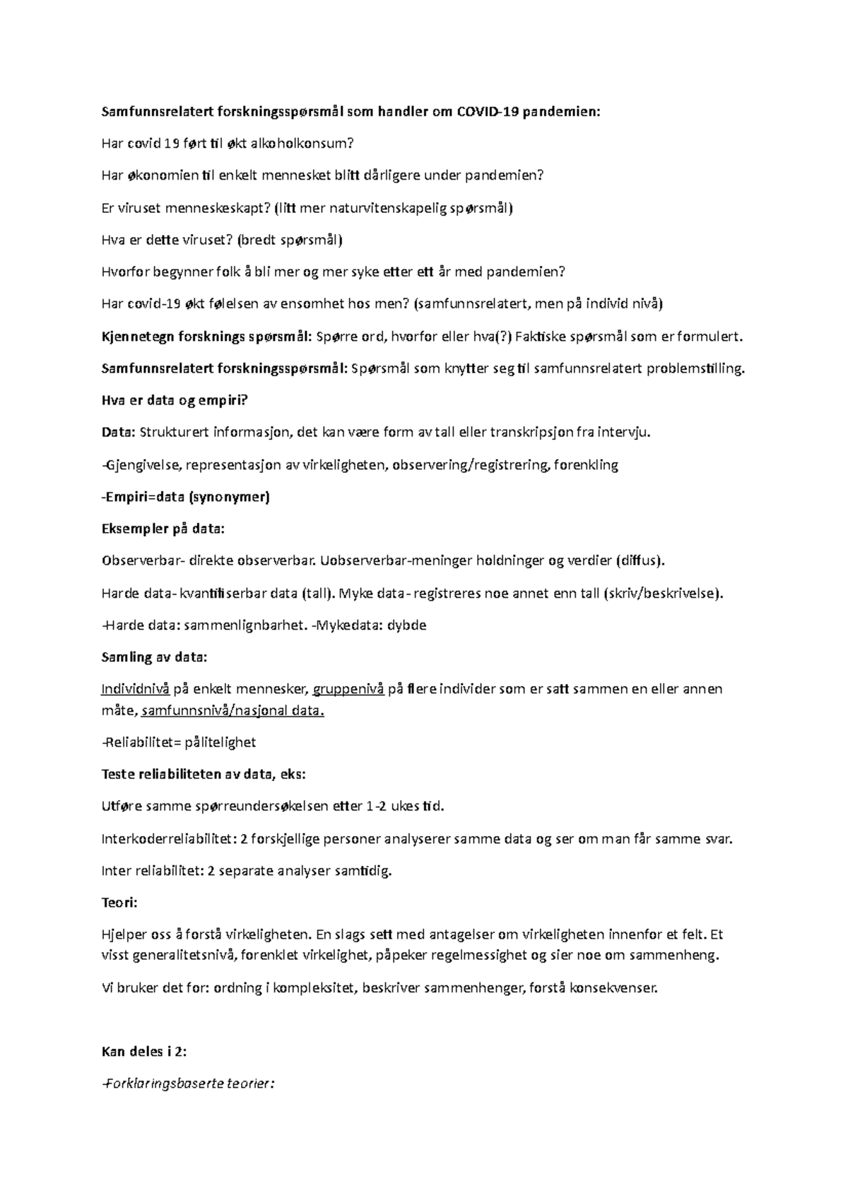 Notater-kap 1(litt) og 2 - Samfunnsrelatert forskningsspørsmål som handler om COVID-19 pandemien ...