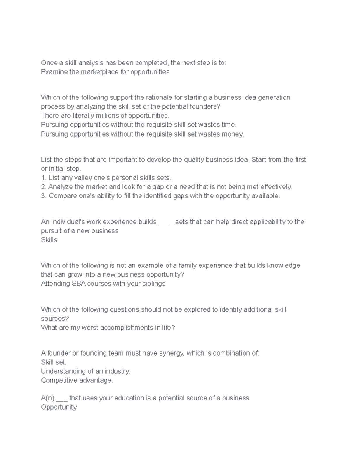 Intro to Entrepreneurship Notes - Chapter 2 - Once a skill analysis has ...