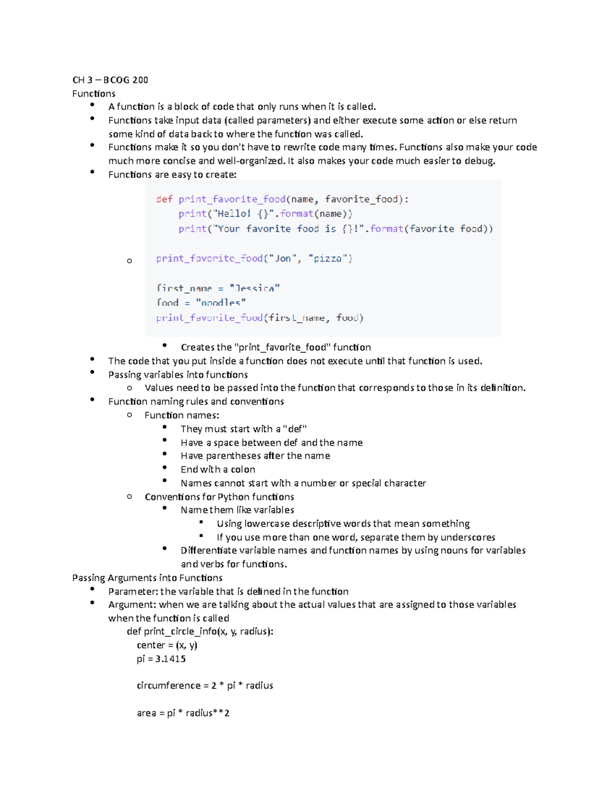 CH 3 BCOG 200 - CH 3 notes - CH 3 – BCOG 200 Functions A function is a ...