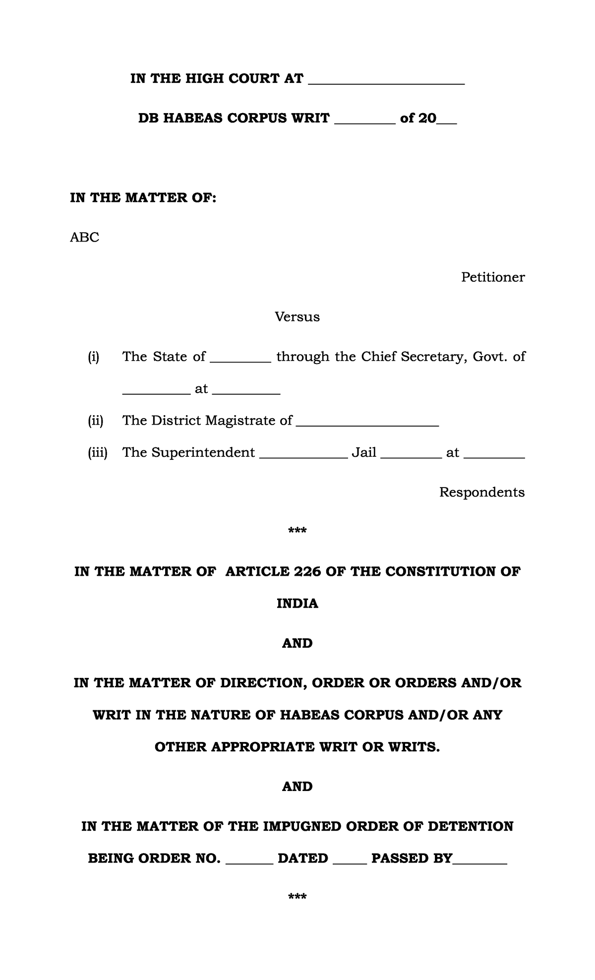 Habeas- Corpus - IN THE HIGH COURT AT _______________________ DB HABEAS ...