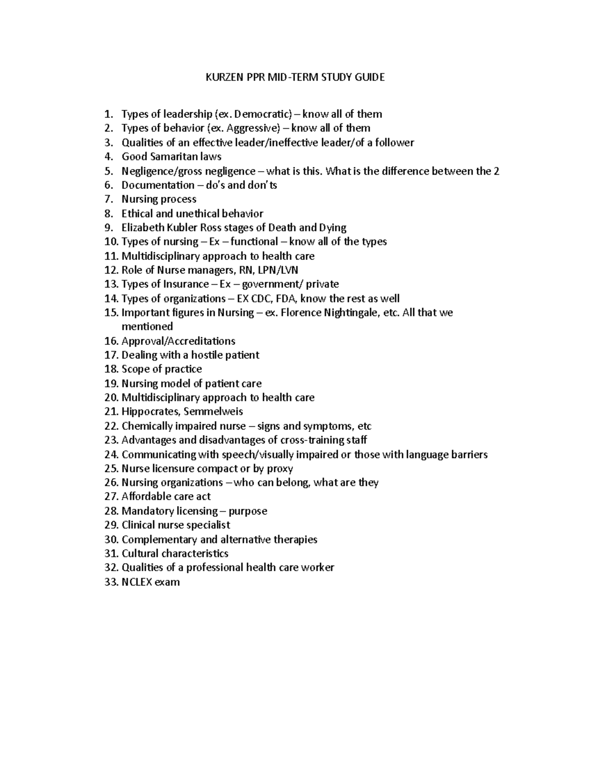 Kurzen+Mid-term+study+guide+RB - KURZEN PPR MID-TERM STUDY GUIDE Types ...