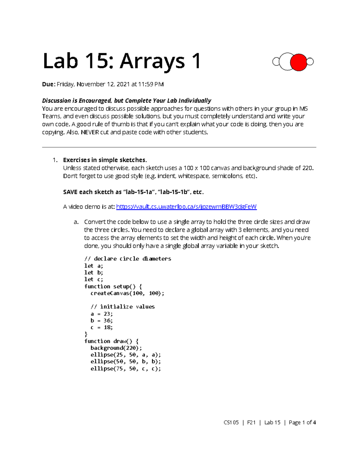 Lab 15 Arrays 1 - Lecture notes 5.6 - Lab 15: Arrays 1 Due: Friday ...