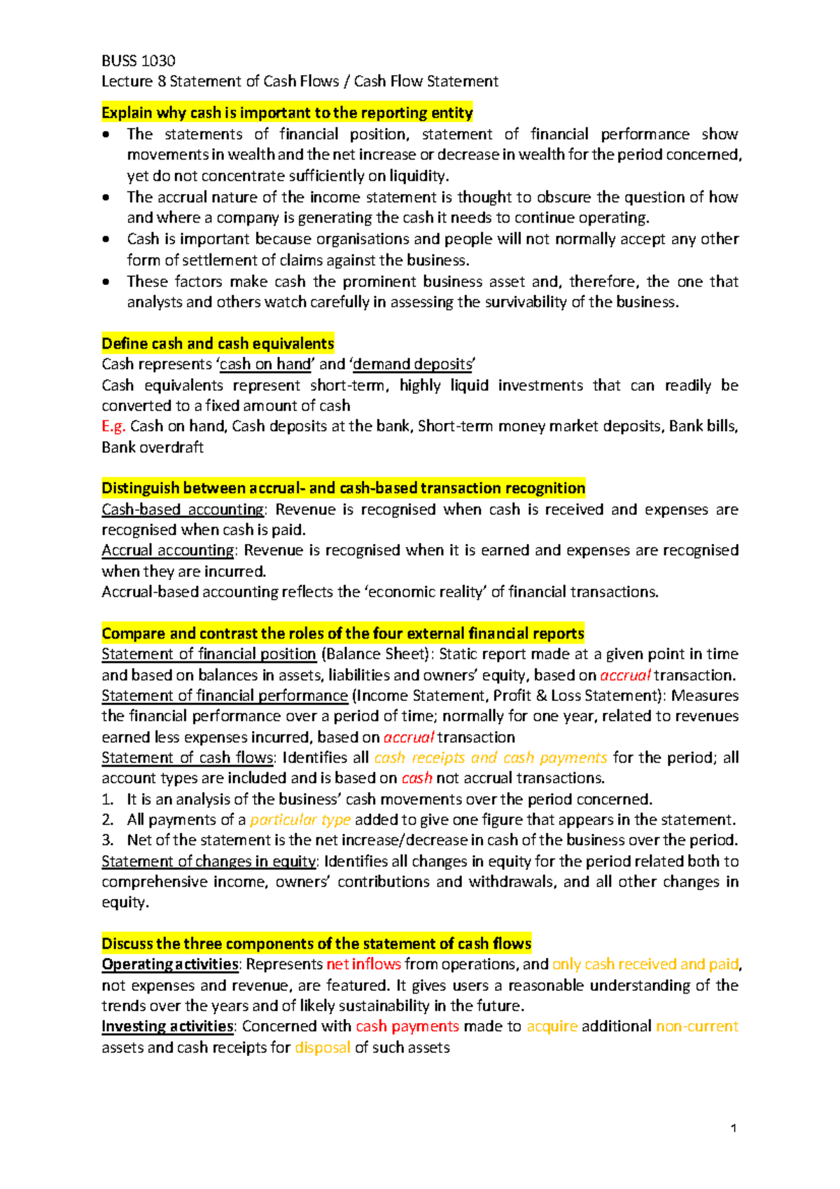buss1030 note week8 - BUSS 1030 Lecture 8 Statement of Cash Flows ...