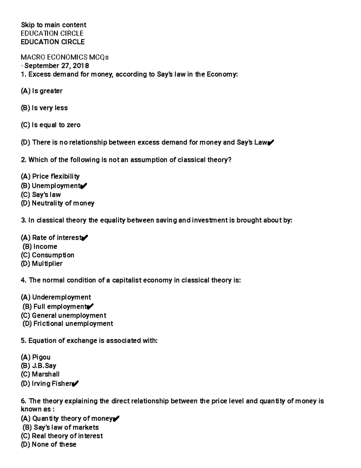 Textised Macro Economics MCQs - Skip to main content EDUCATION CIRCLE ...