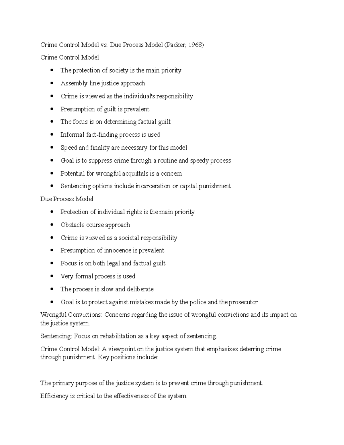 Criminal Court Notes 4 - Crime Control Model vs. Due Process Model ...
