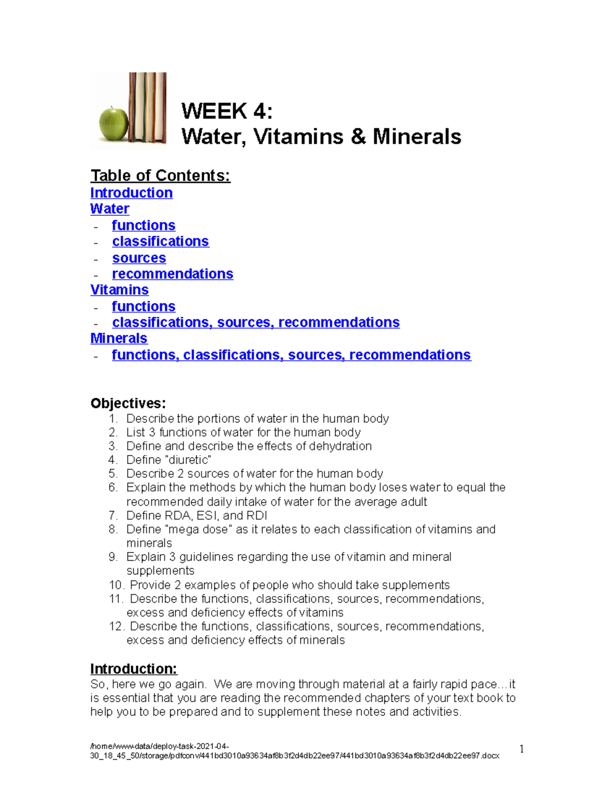 Nutrition: Water, Vitamins and Minerals - WEEK 4: Water, Vitamins ...