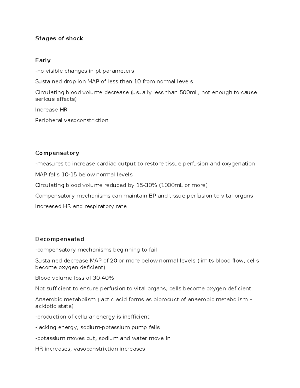 2 - shock - Stages of shock Early -no visible changes in pt parameters ...