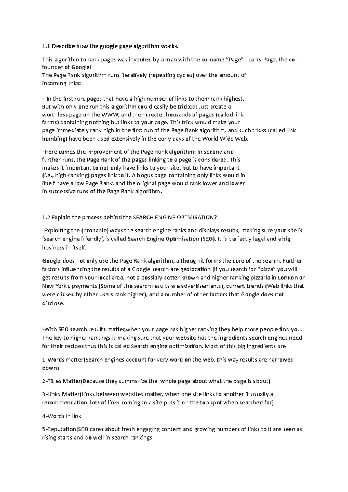 ICT - ict - 1 Describe how the google page algorithm works. This ...