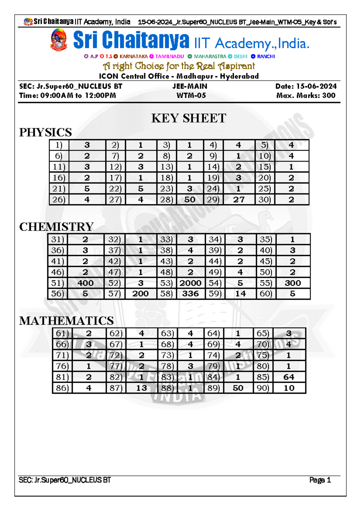 15 06 2024 Jr Super 60 Nucleus BT Jee Main WTM 05 Key & Sol's - Sri Chaitanya IIT Academy.,India ...
