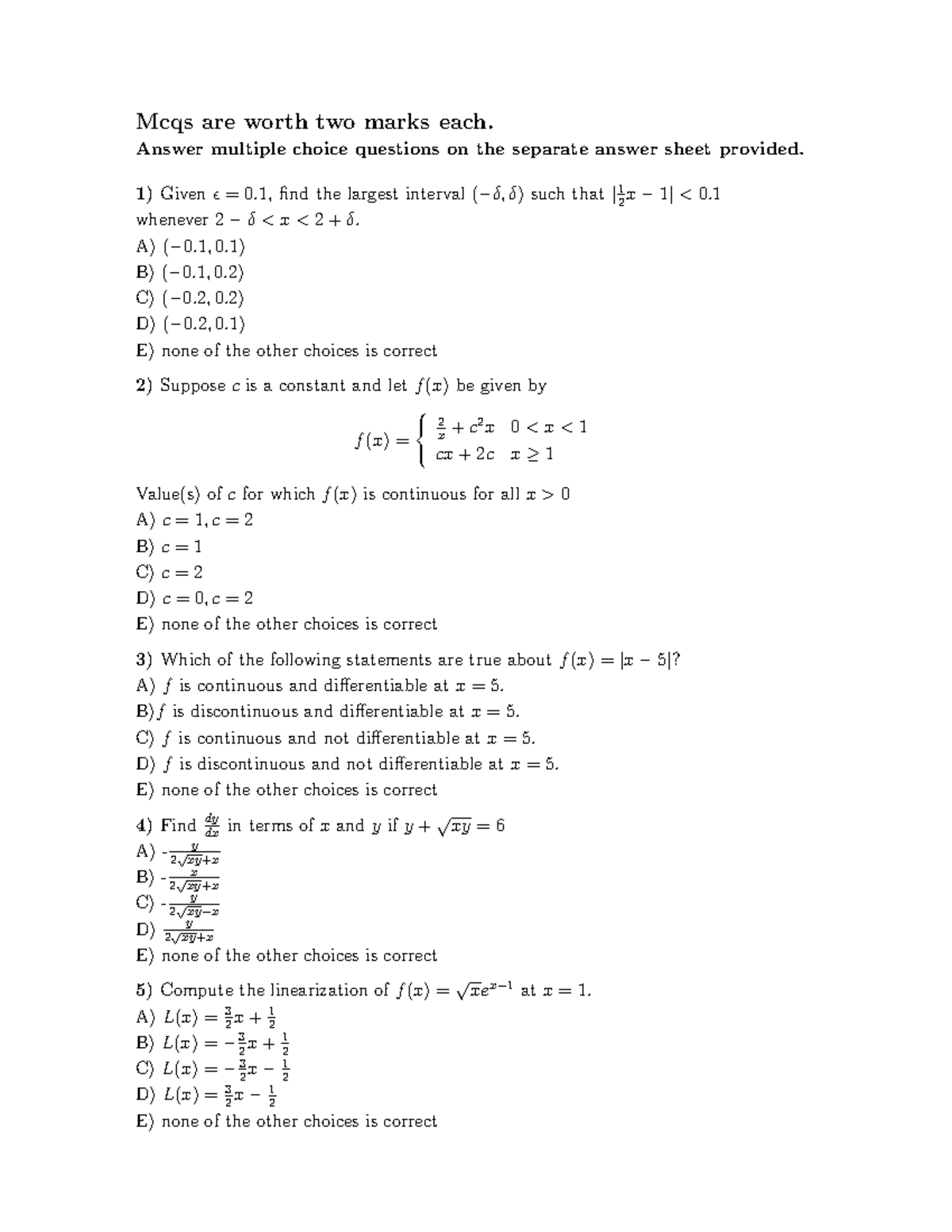 Tutorial exam - Practice questions for exam - Mcqs are worth two marks ...