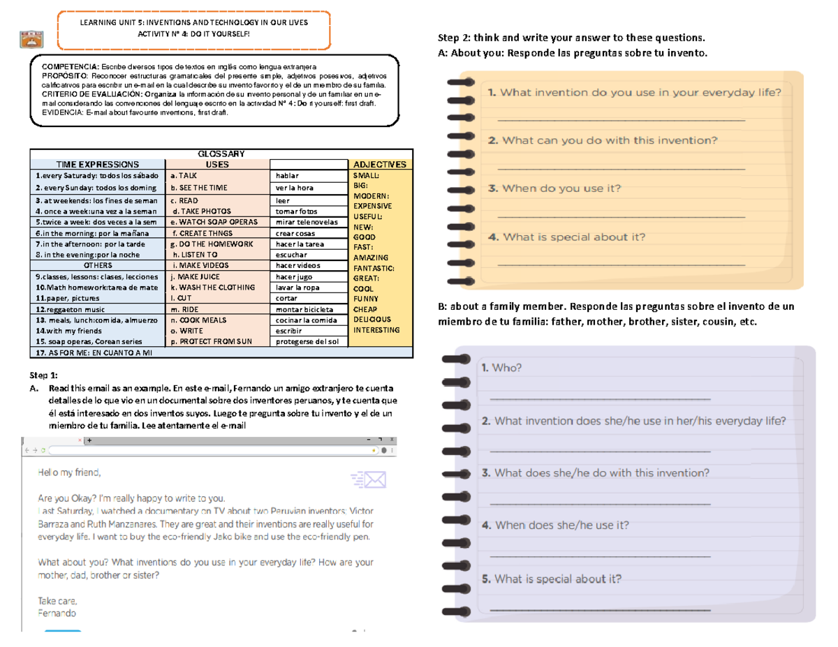 3rd AÑO- Activity 4-DO IT Yourself- First Draft - GLOSSARY TIME EXPRESSIONS USES ADJECTIVES 1 ...
