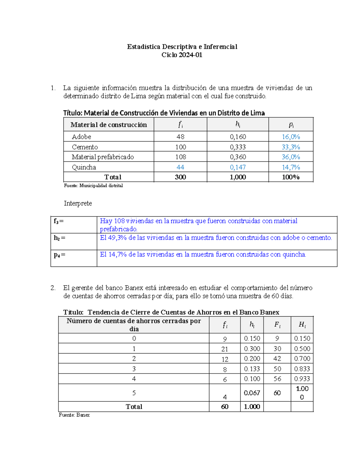 Tarea 2 - Estadistica - Estadística Descriptiva e Inferencial Ciclo 2024- La siguiente ...