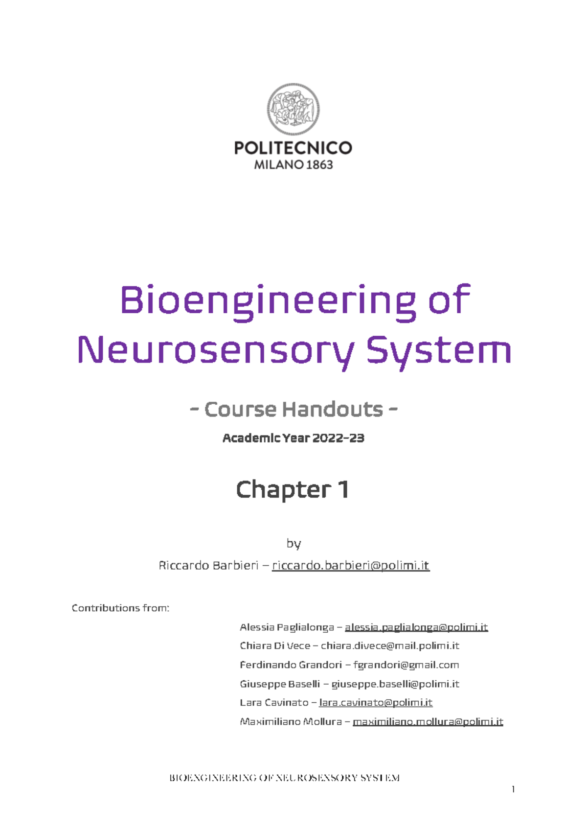 Handouts capitolo 1 - BIOENGINEERING OF NEUROSENSORY SYSTEM ...