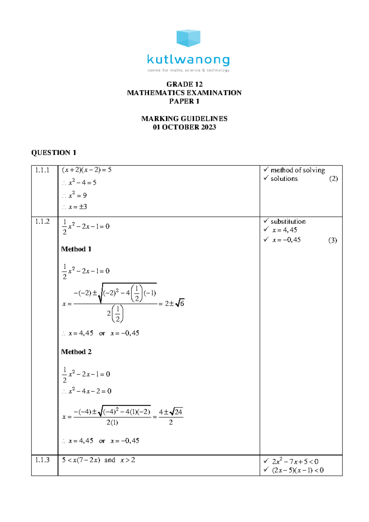 Grade 12 Mathematics Paper 1 MEMO (01 OCT 2023) - GRADE 1 2 MATHEMATICS ...