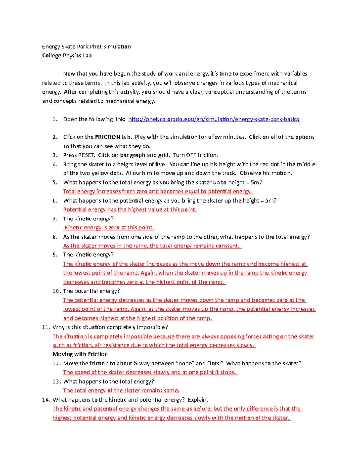 PHY-280 - Physics I Coursework LAB Material - Energy Skate Park Phet ...