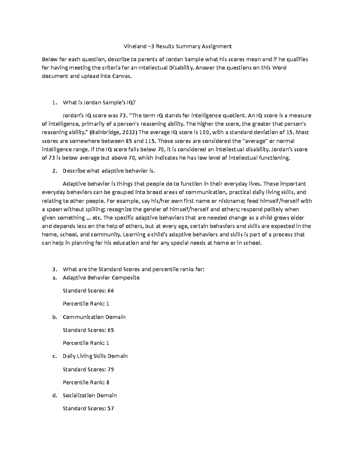 Vineland -3 Results Summary Assignment - Vineland –3 Results Summary ...