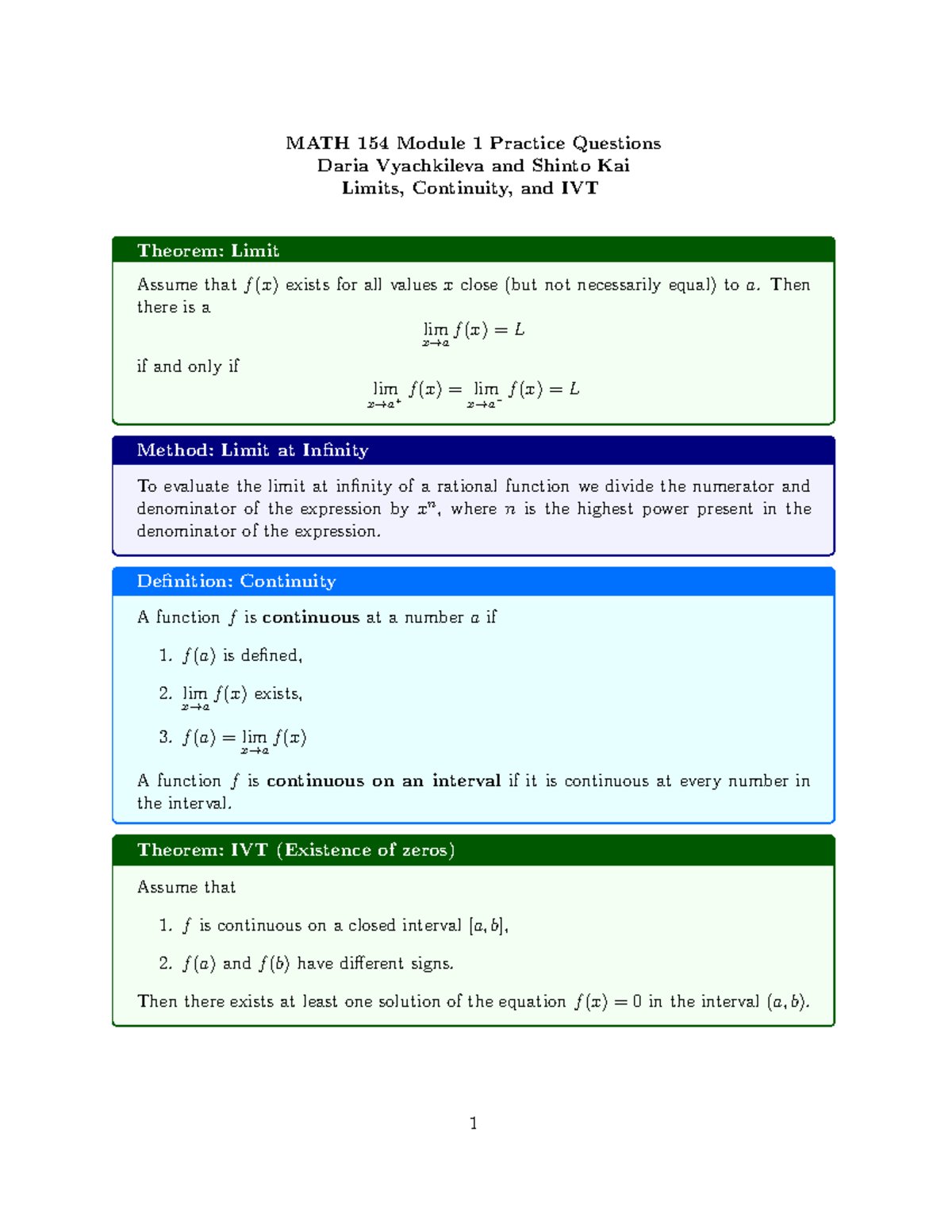 Review Module 1 - MATH 154 Module 1 Practice Questions Daria ...