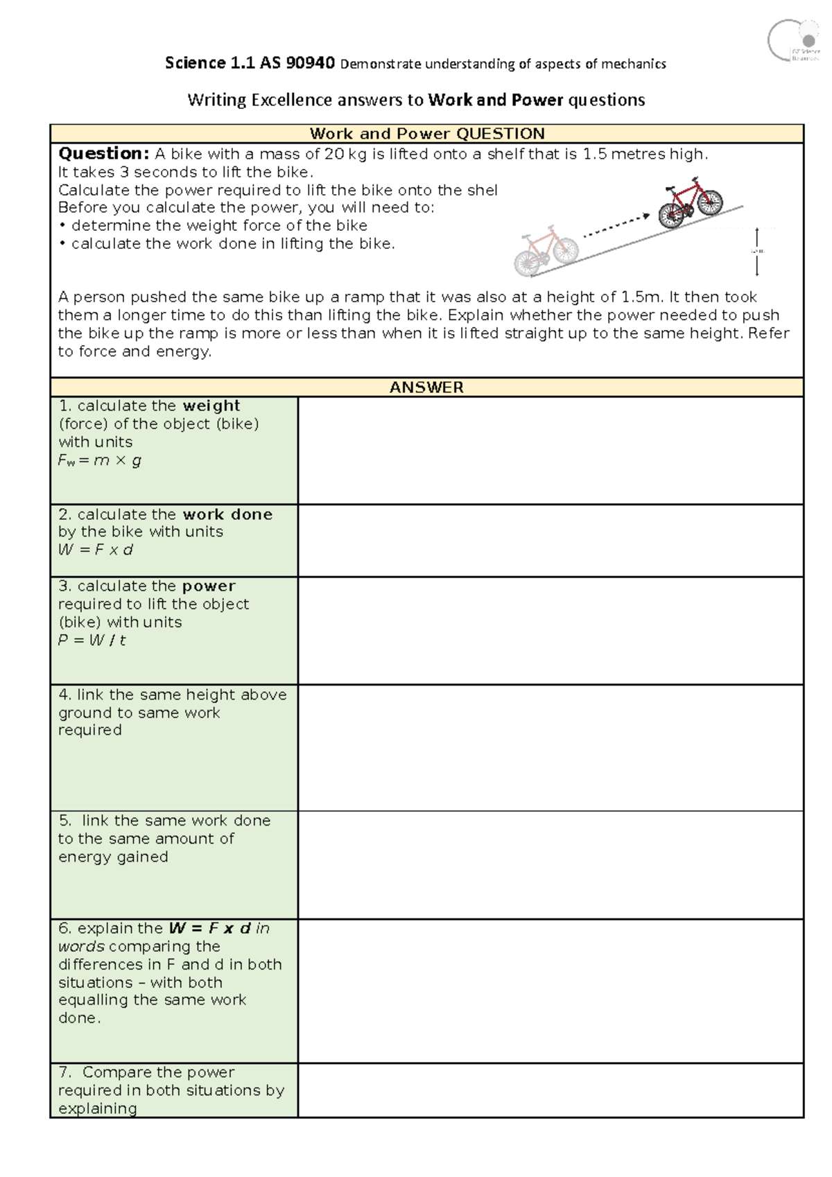 Work and power question s1 - Science 1 AS 90940 Demonstrate ...