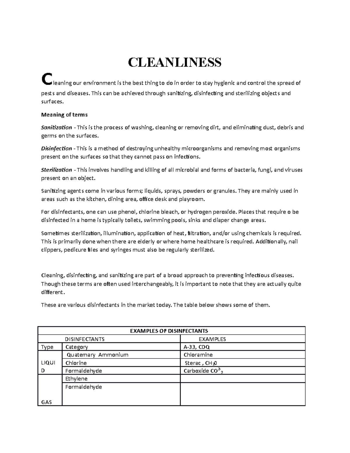 ICT 2 - CAT - LECTURE NOTES - CLEANLINESS Cleaning our environment is ...