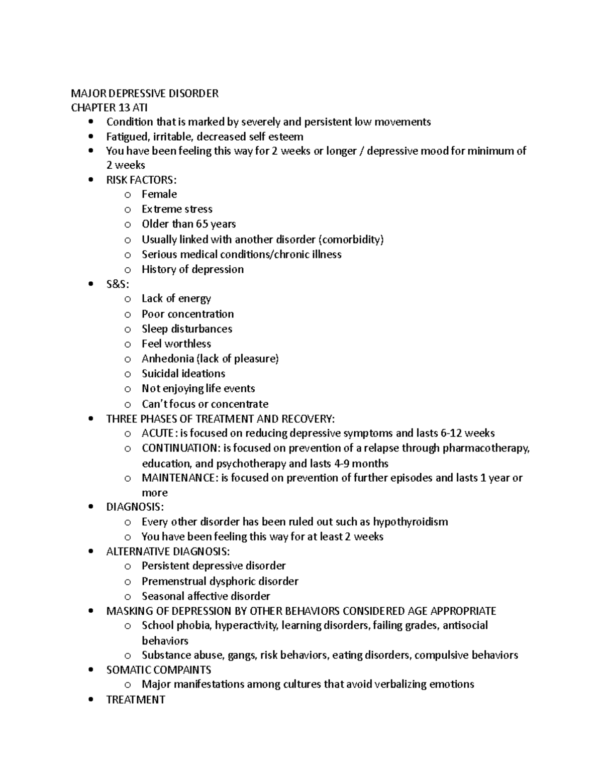 Major Depressive Disorder - MAJOR DEPRESSIVE DISORDER CHAPTER 13 ATI ...