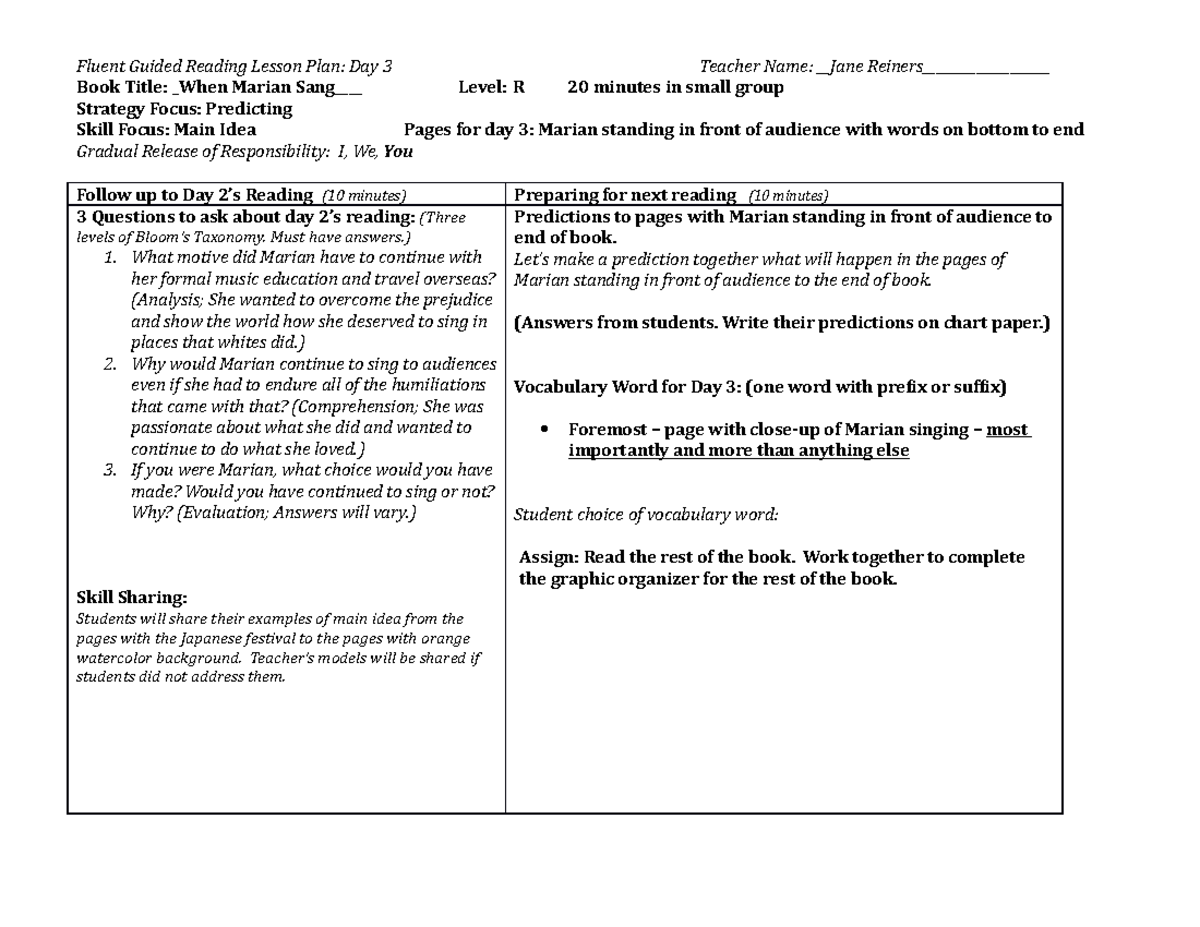 Day 3 Guided Reading Template over "When Marian Sang" - Fluent Guided ...