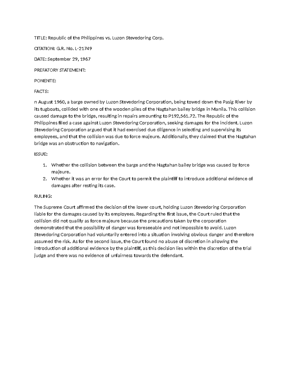 Republic of the Philippines vs. Luzon Stevedoring Corp - TITLE ...