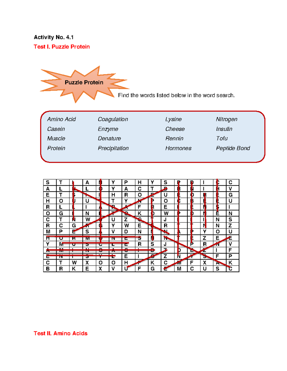 Activity No. 4.1 Puzzle Protein ( Biochem) - Activity No. 4. Test I ...