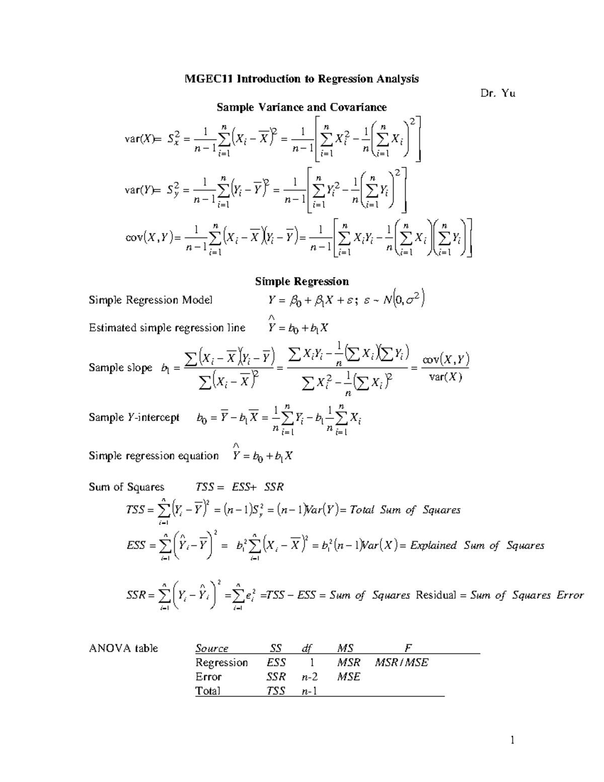 Regression Formula+in+MGEC11 - MGEC11 Introduction to Regression Analysis Dr. Yu Sample Variance ...