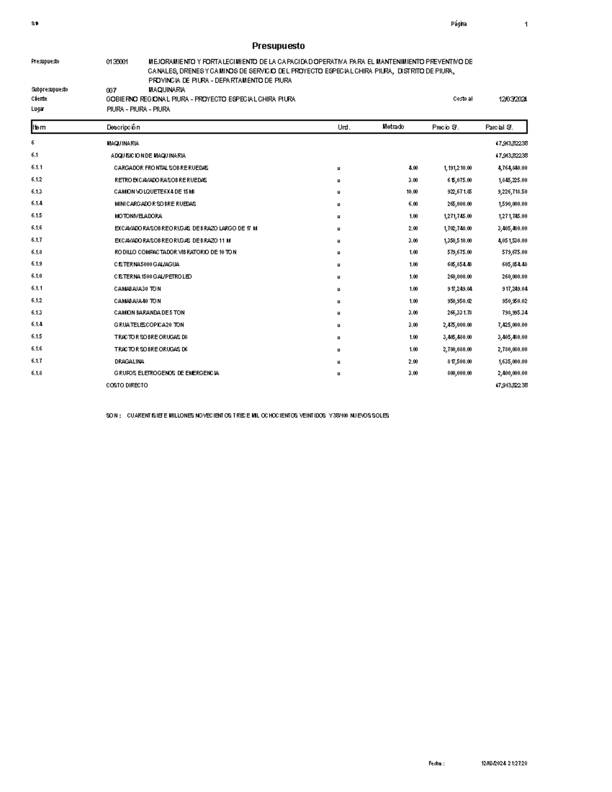 Maquinaria - adfasd - Presupuesto MEJORAMIENTO Y FORTALECIMIENTO DE LA ...