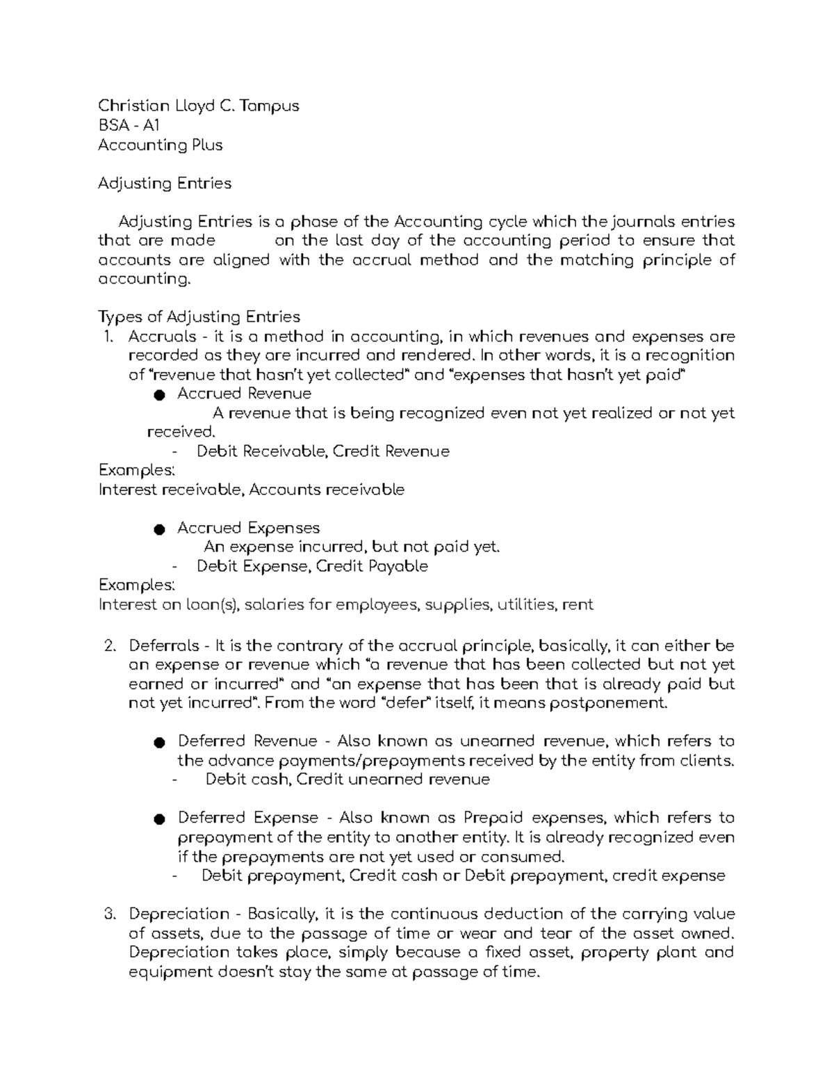 Accounting Plus Adjusting Entries - Christian Lloyd C. Tampus BSA - A ...