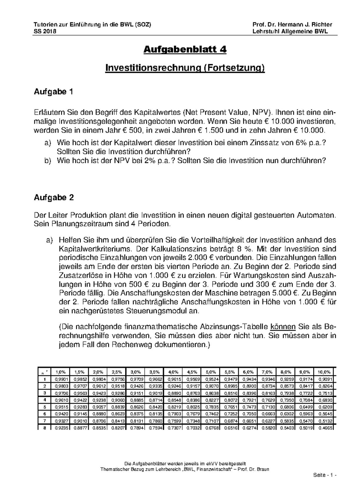 BWL Tutorium SS 18 Aufgabenblatt 4 - Tutorien zur Einführung in die BWL (SOZ) Prof. Dr. Hermann ...