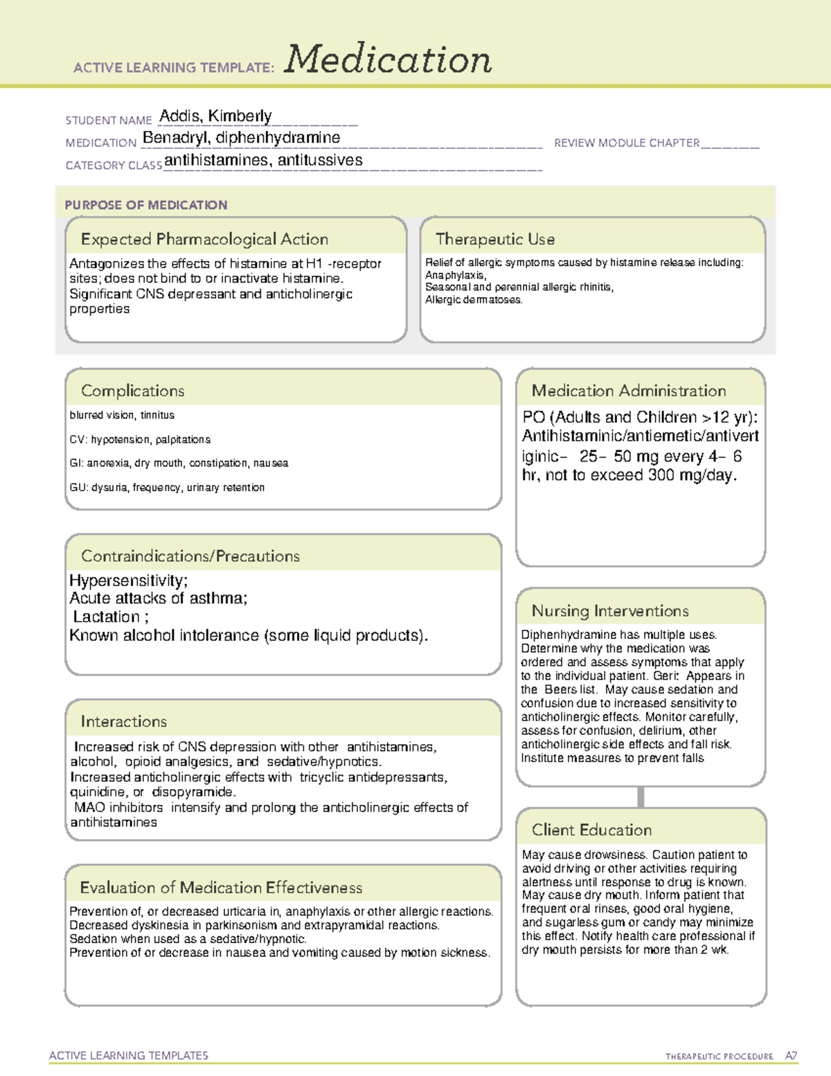 Benadryl - Drug Card - ACTIVE LEARNING TEMPLATES TherapeuTic procedure ...
