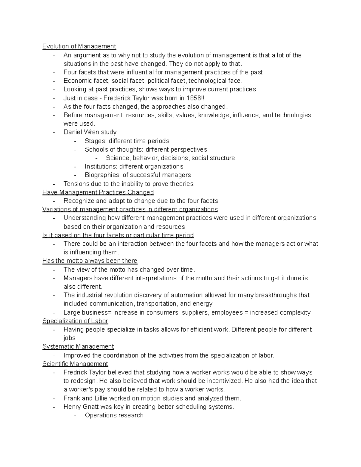 Management ch2 study guide - Evolution of Management - An argument as ...