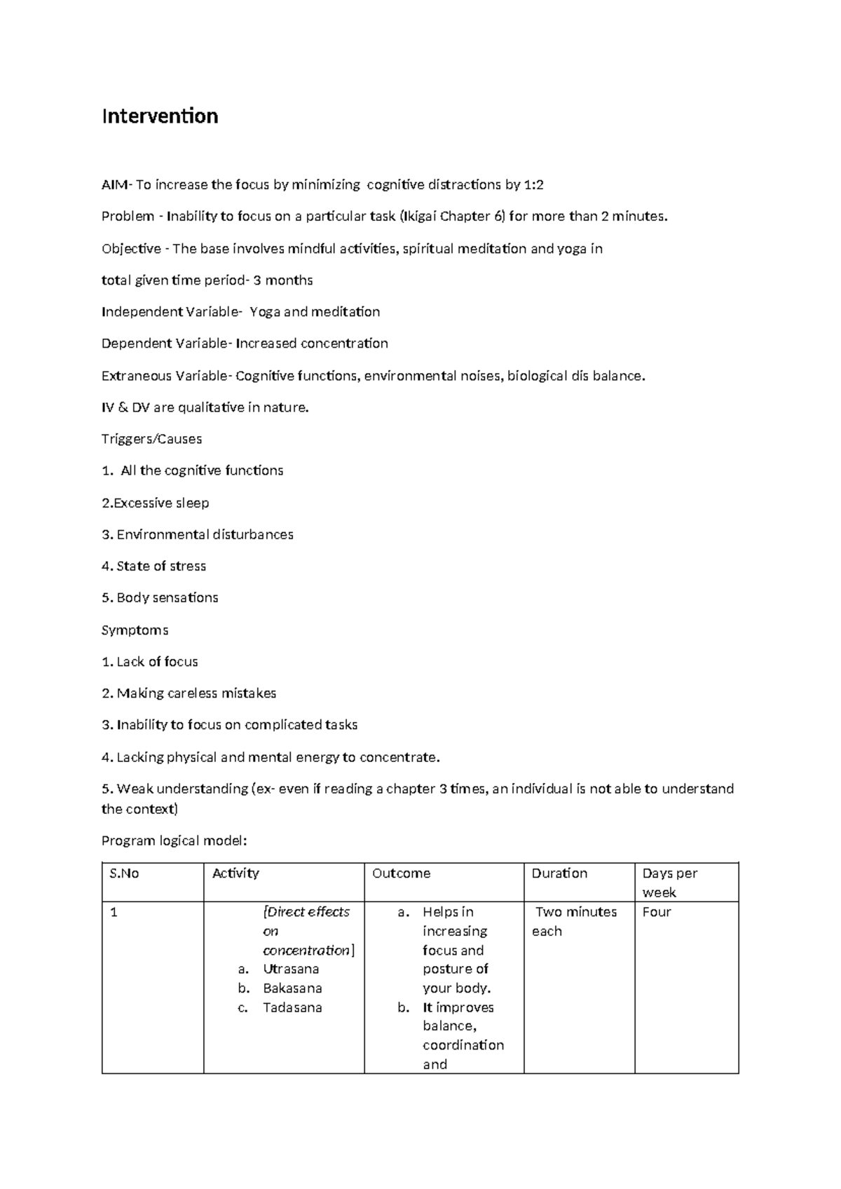PLM of intervention on concentration sem four - Intervention AIM- To ...