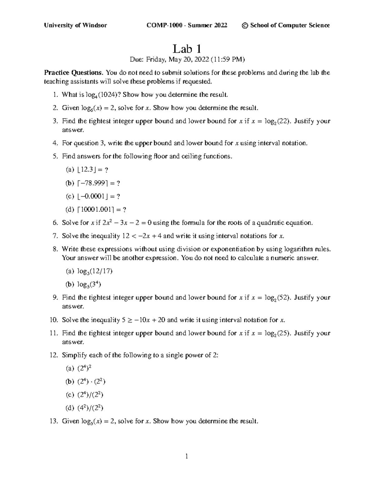 Lab 1 Questions - Lab 1 Question Sheet - University of Windsor COMP-1000 - Summer 2022 © School ...