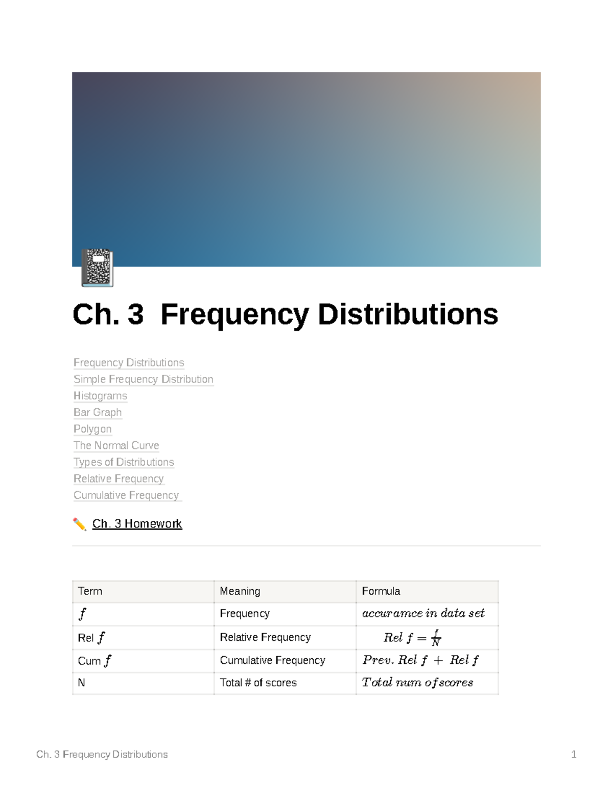 Frequency Distributions Á Ch 3 Frequency Distributions Ch 3 Homework Term Meaning