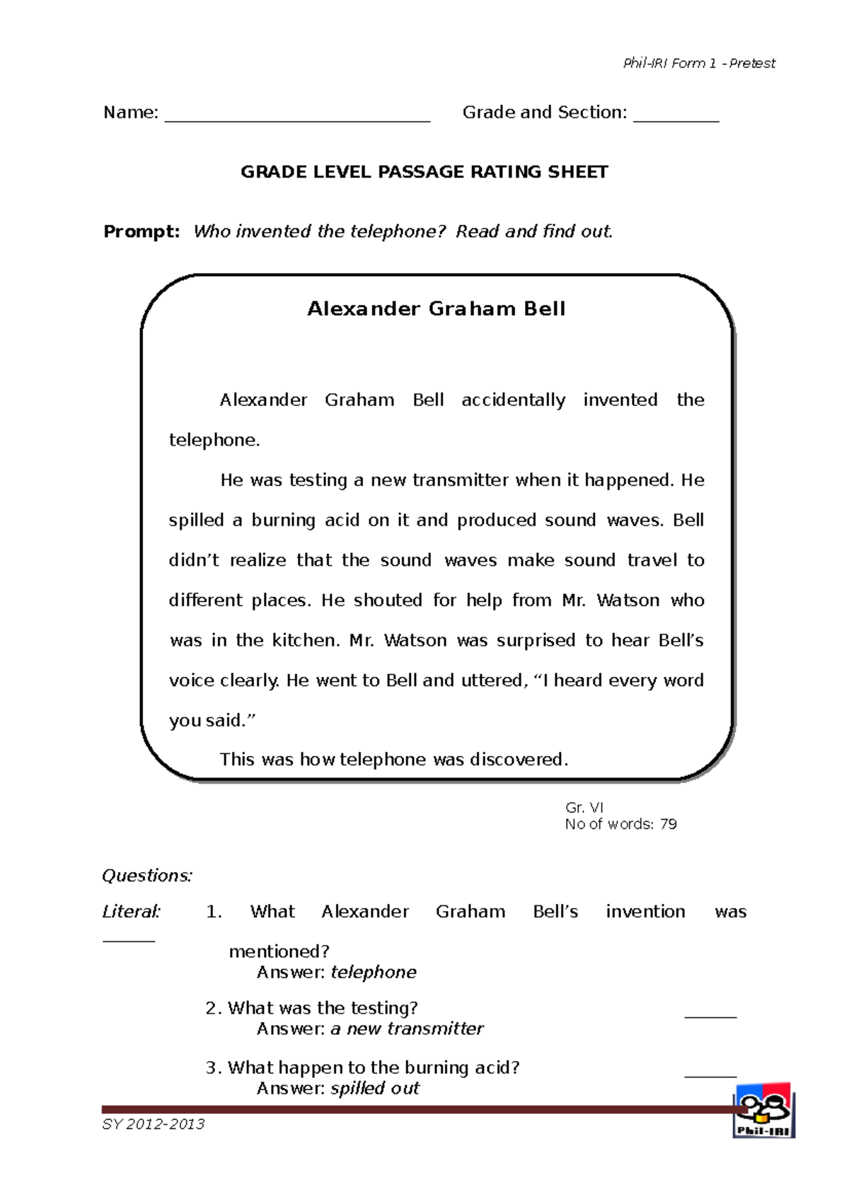Grade 6. Alexander Graham BELL - Name ...