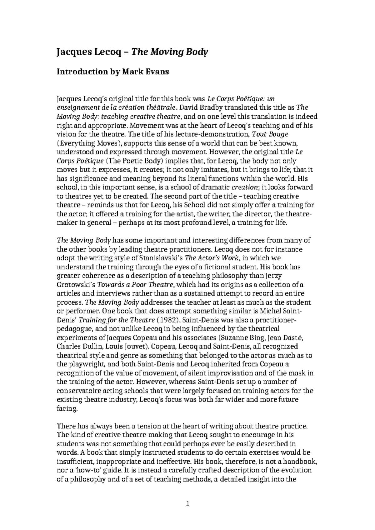 Jacques Lecoq The Moving Body intro Final - Jacques Lecoq – The Moving ...