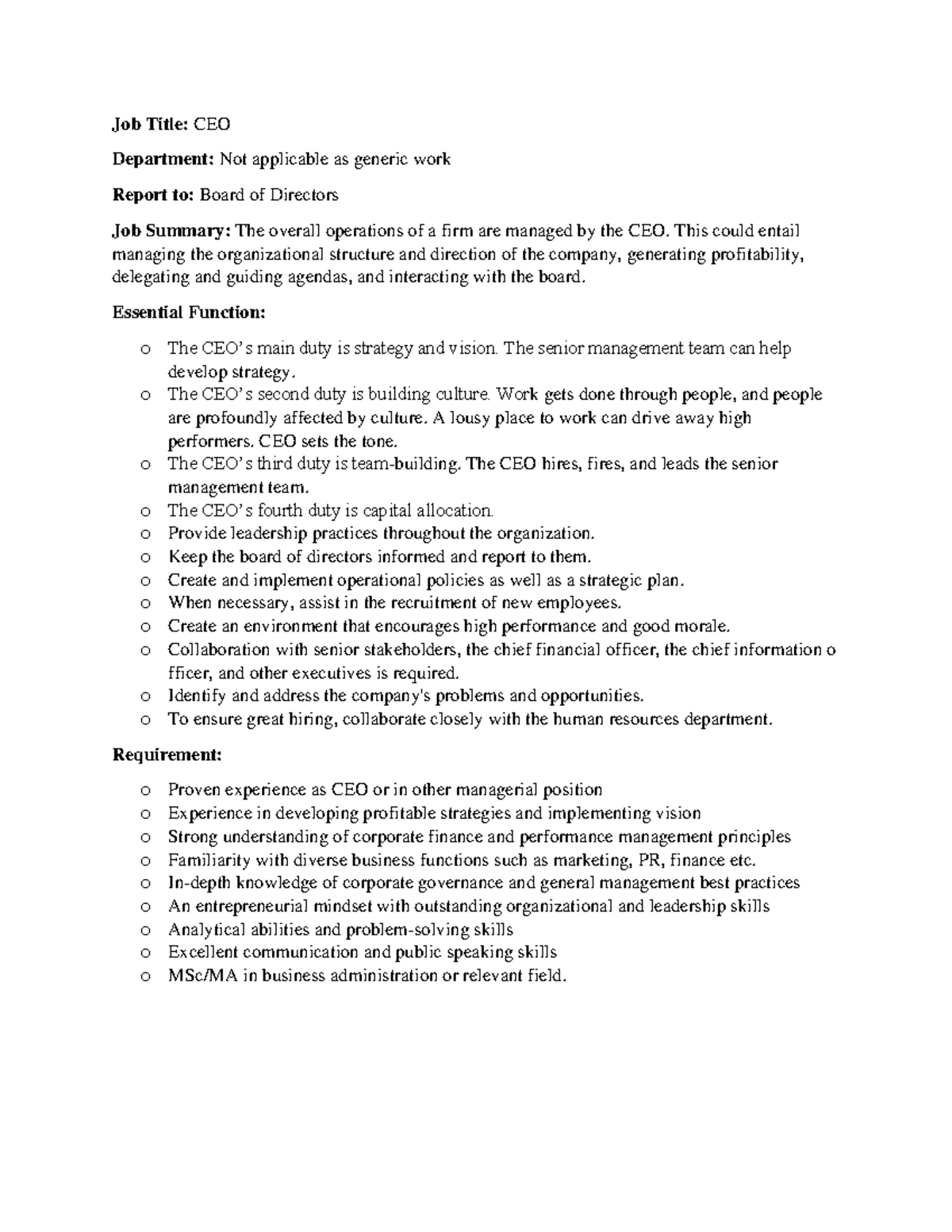 CEO report - Research - Job Title: CEO Department: Not applicable as ...