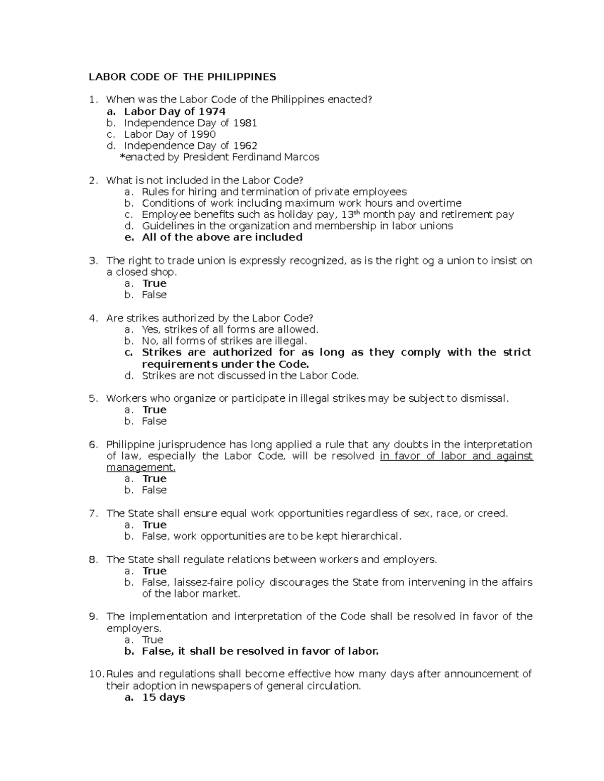 CHRA Practice Test - Labor Code - LABOR CODE OF THE PHILIPPINES When ...