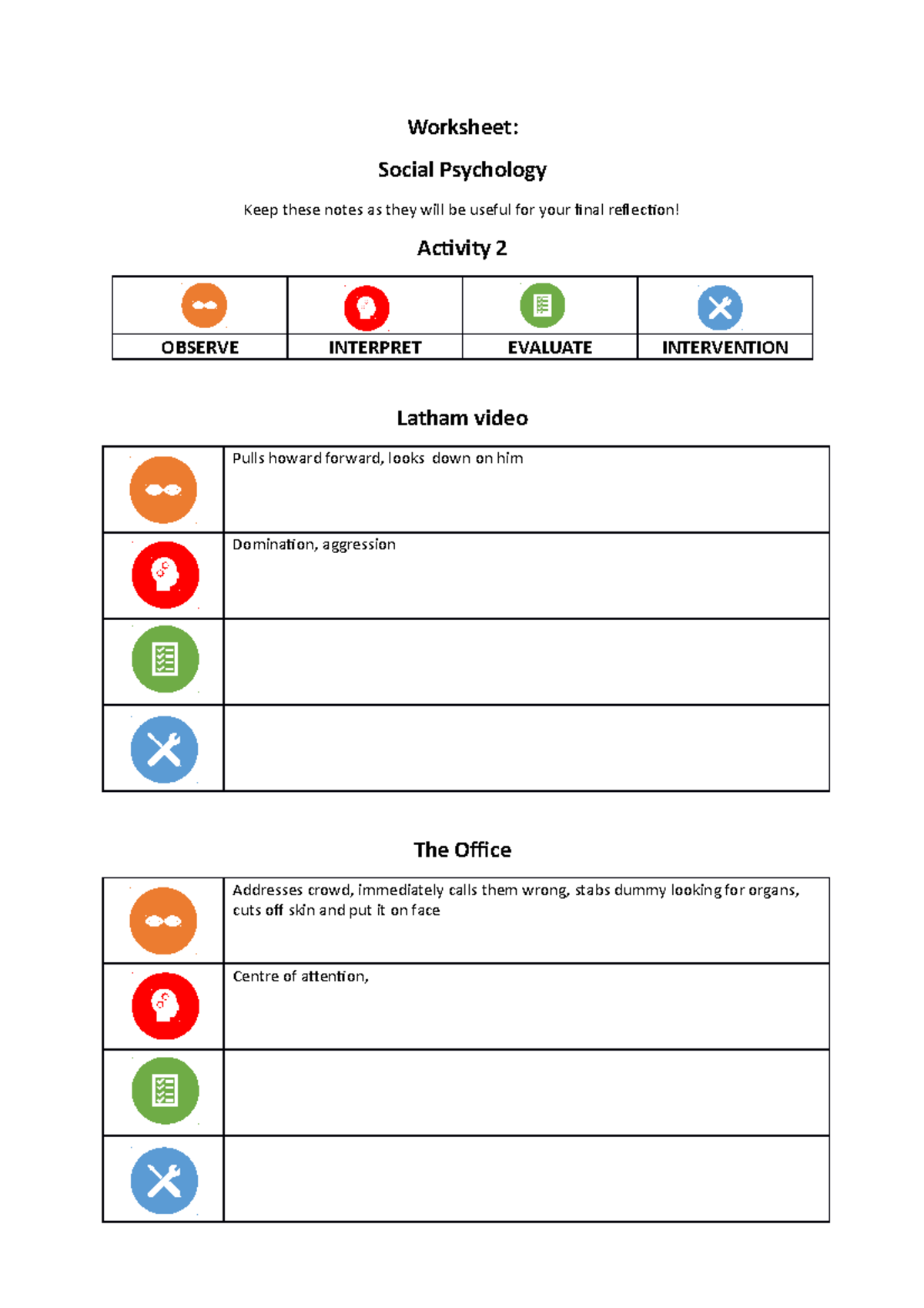 Worksheet - Social psych - Worksheet: Social Psychology Keep these ...