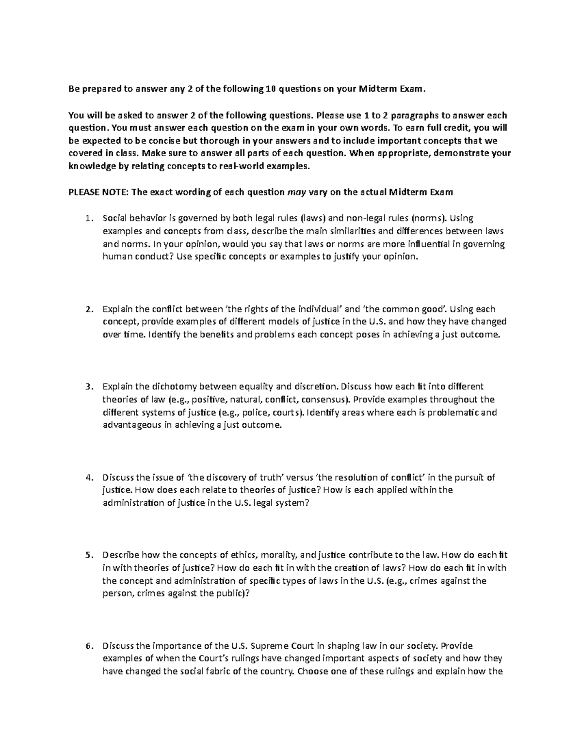 Midterm exam questions - Be prepared to answer any 2 of the following ...