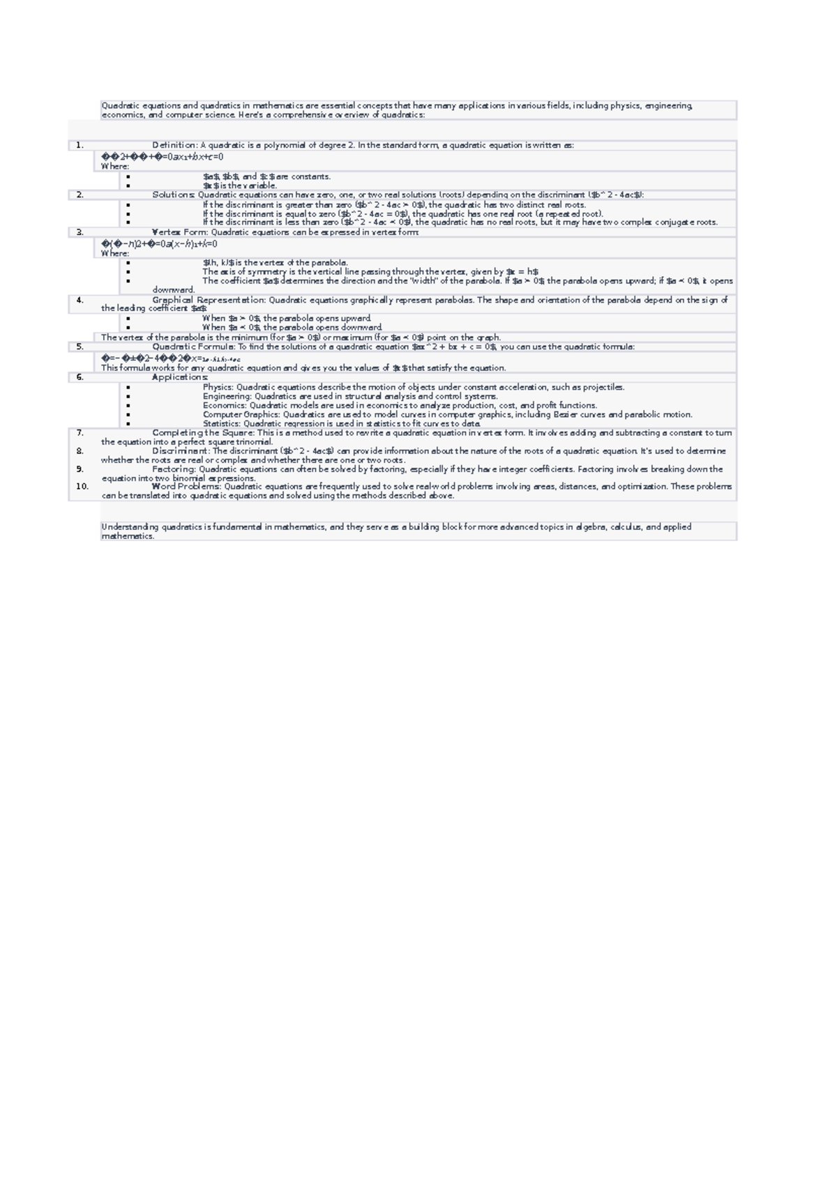 Quadratics - Quadratic notes - Quadratic equations and quadratics in ...