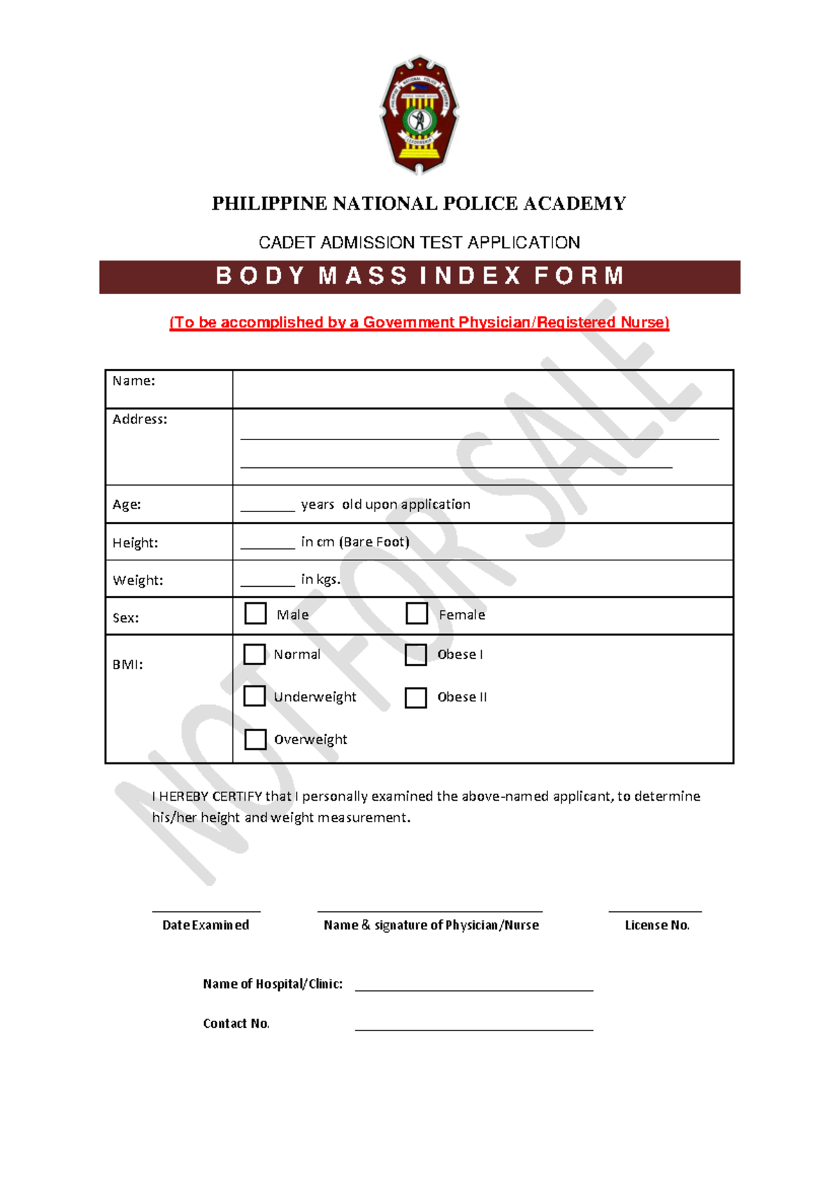 Pnpacat BMI Form - PHILIPPINE NATIONAL POLICE ACADEMY CADET ADMISSION ...