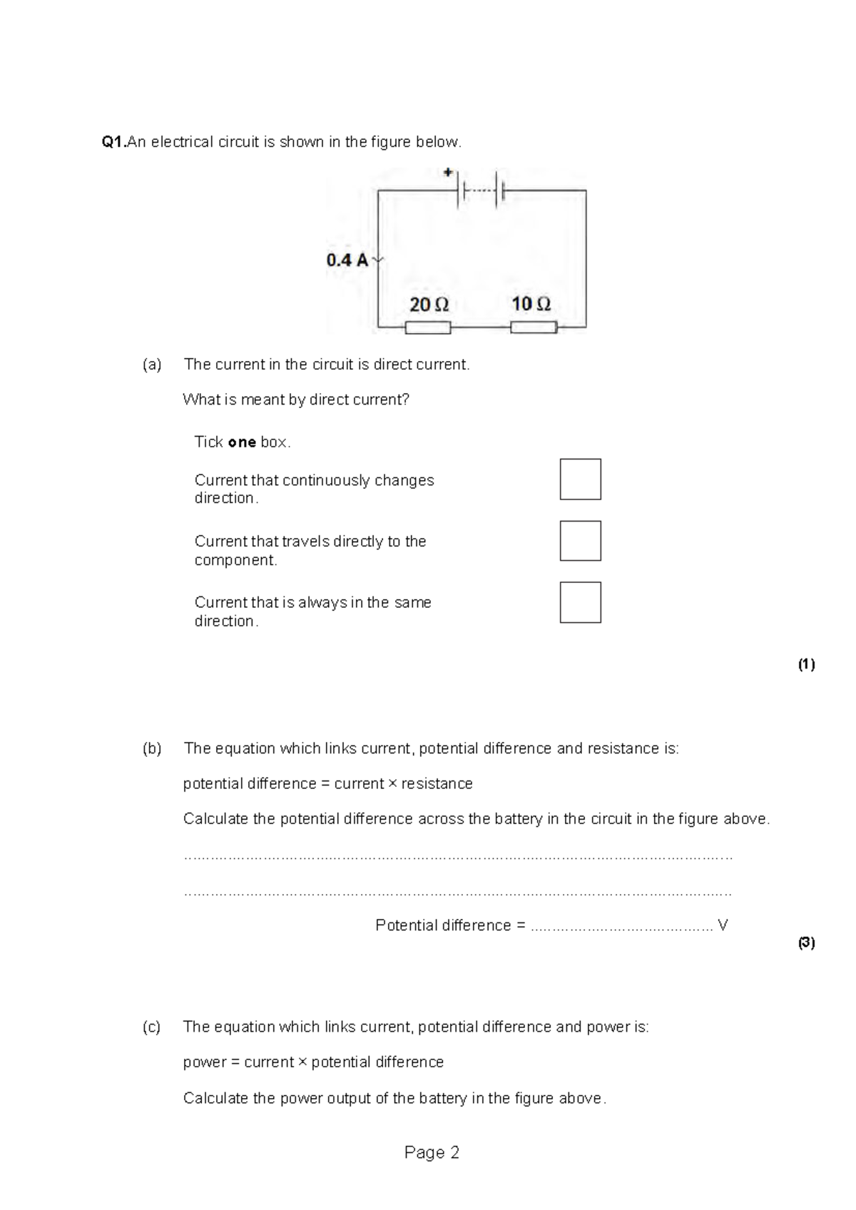Current, Potential Difference Resistance 1 QP - Q1 electrical circuit ...