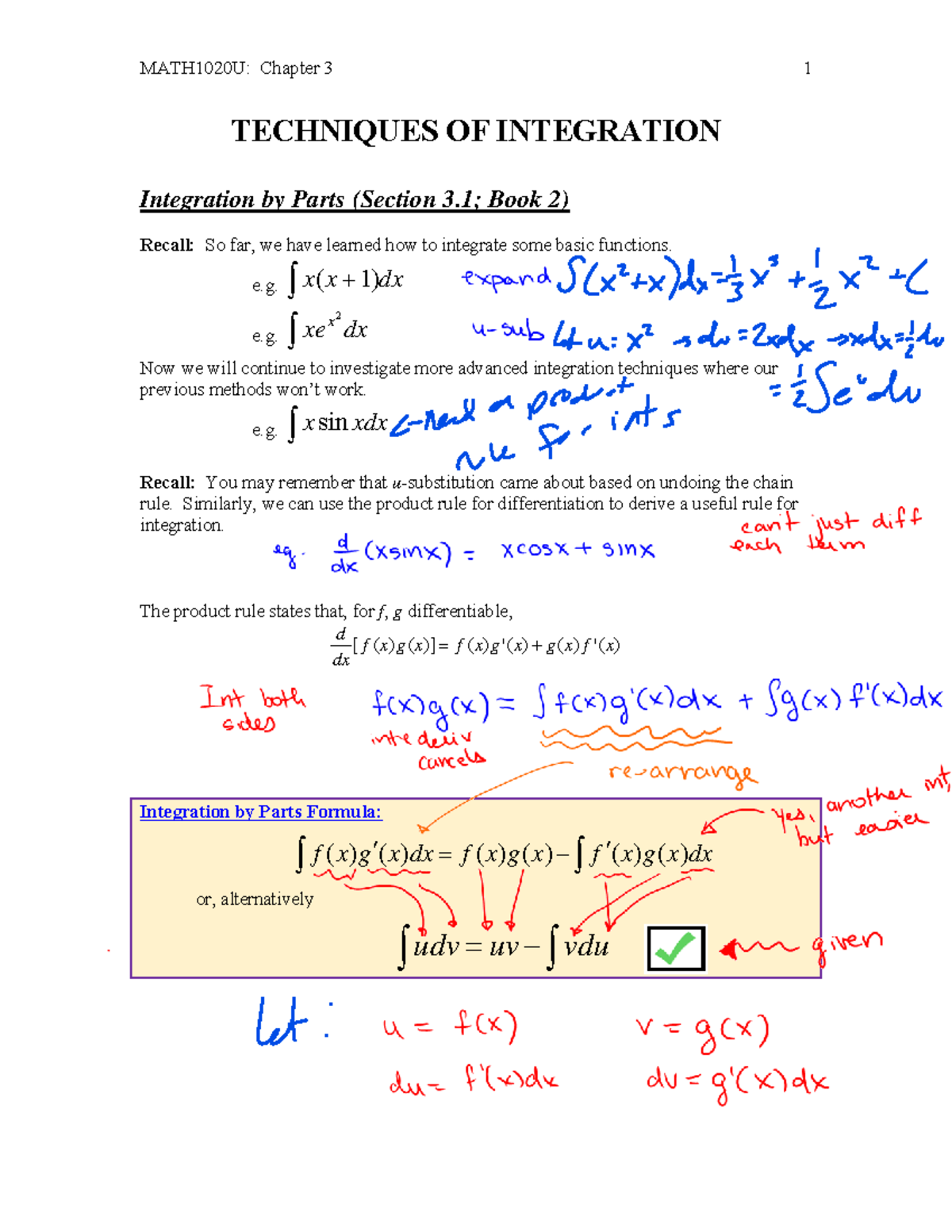Lec 1 int by parts - calc notes - TECHNIQUES OF INTEGRATION Integration ...