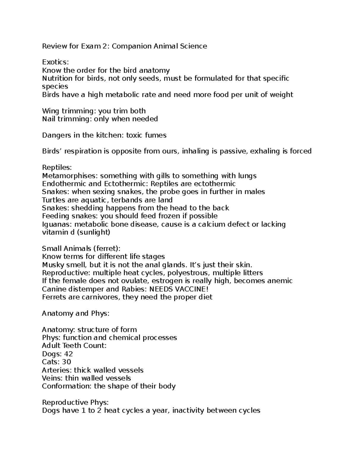 Review for Exam 2 - Companion Animal Science - Review for Exam 2 ...